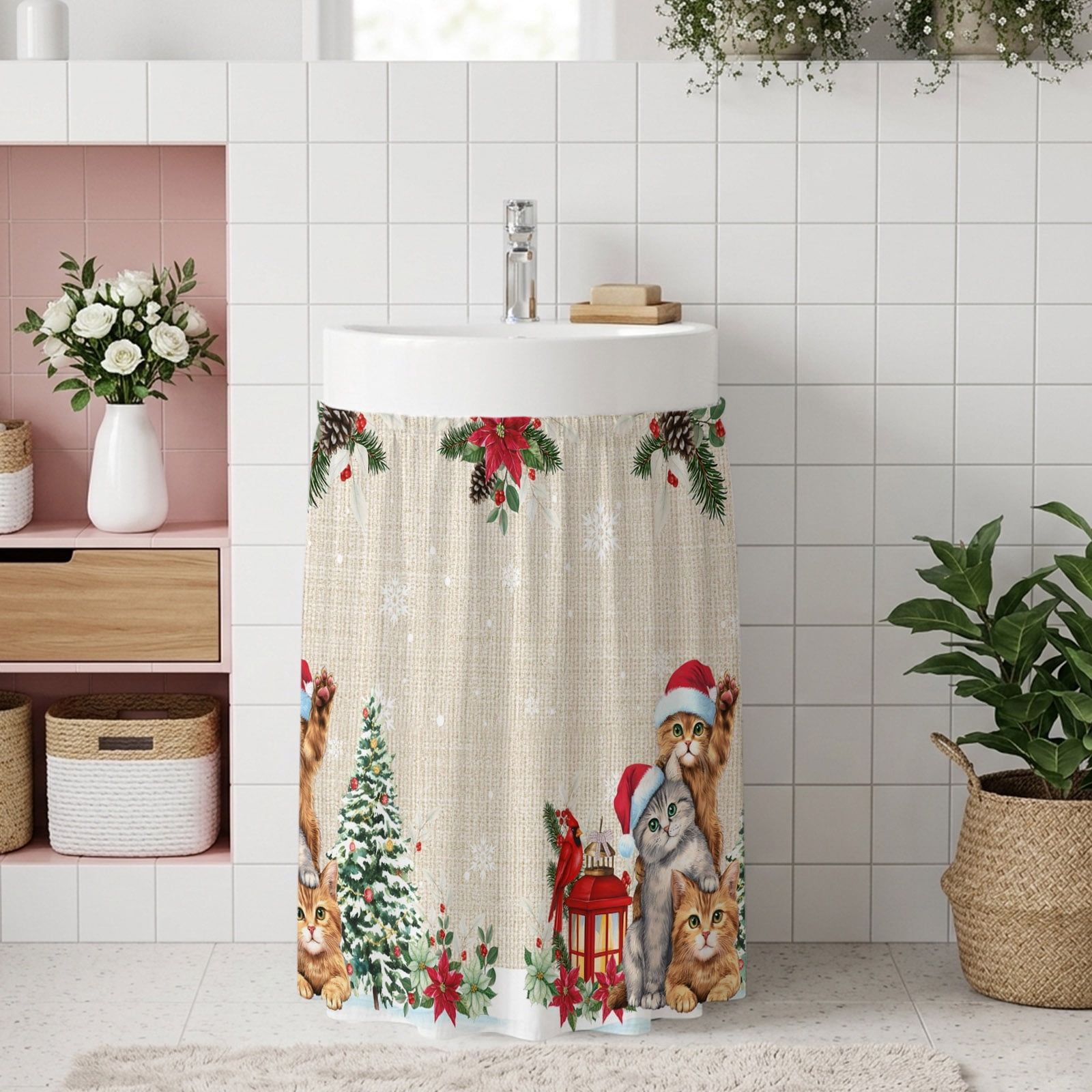 Christmas Cats Small Sink Skirt 10''x11'', Xmas Tree Poinsettia ...