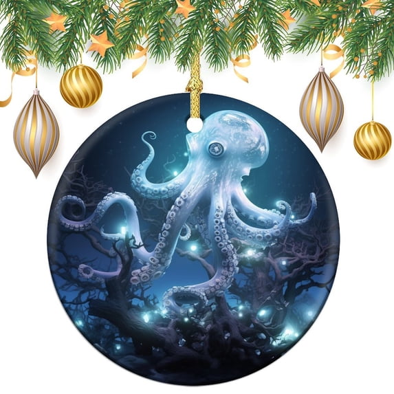 Christmas Ceramic Ornament Octopus In Night Stocking Name Tags Nautical ...
