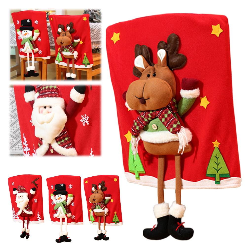 Christmas Chair Back Cover for Dining Room, Santa Claus Fabric Reindeer ...