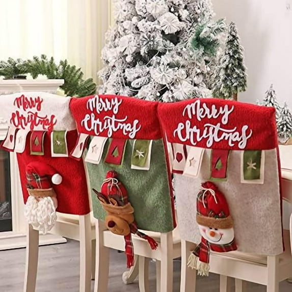 Christmas Chair Back Covers Set of 6, 3D Cute Santa Claus Snowman ...