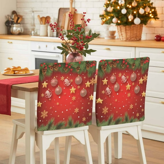 Christmas Chair Back Covers Set of 8, Red Ball Ribbon Pine Branch Stars ...