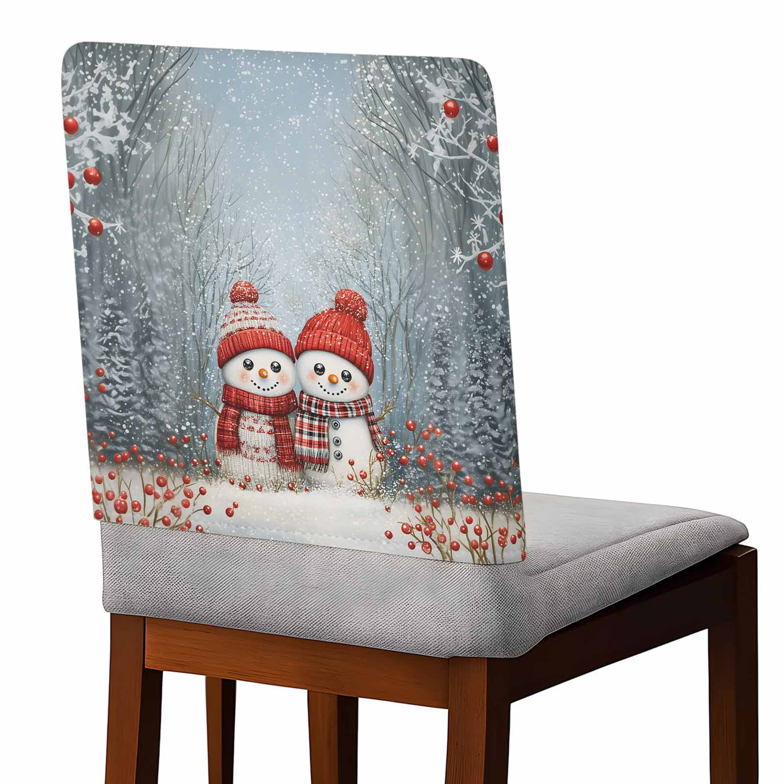 Christmas Chair Covers Set of 8 Winter Forest Berry Snowman Snowflakes ...