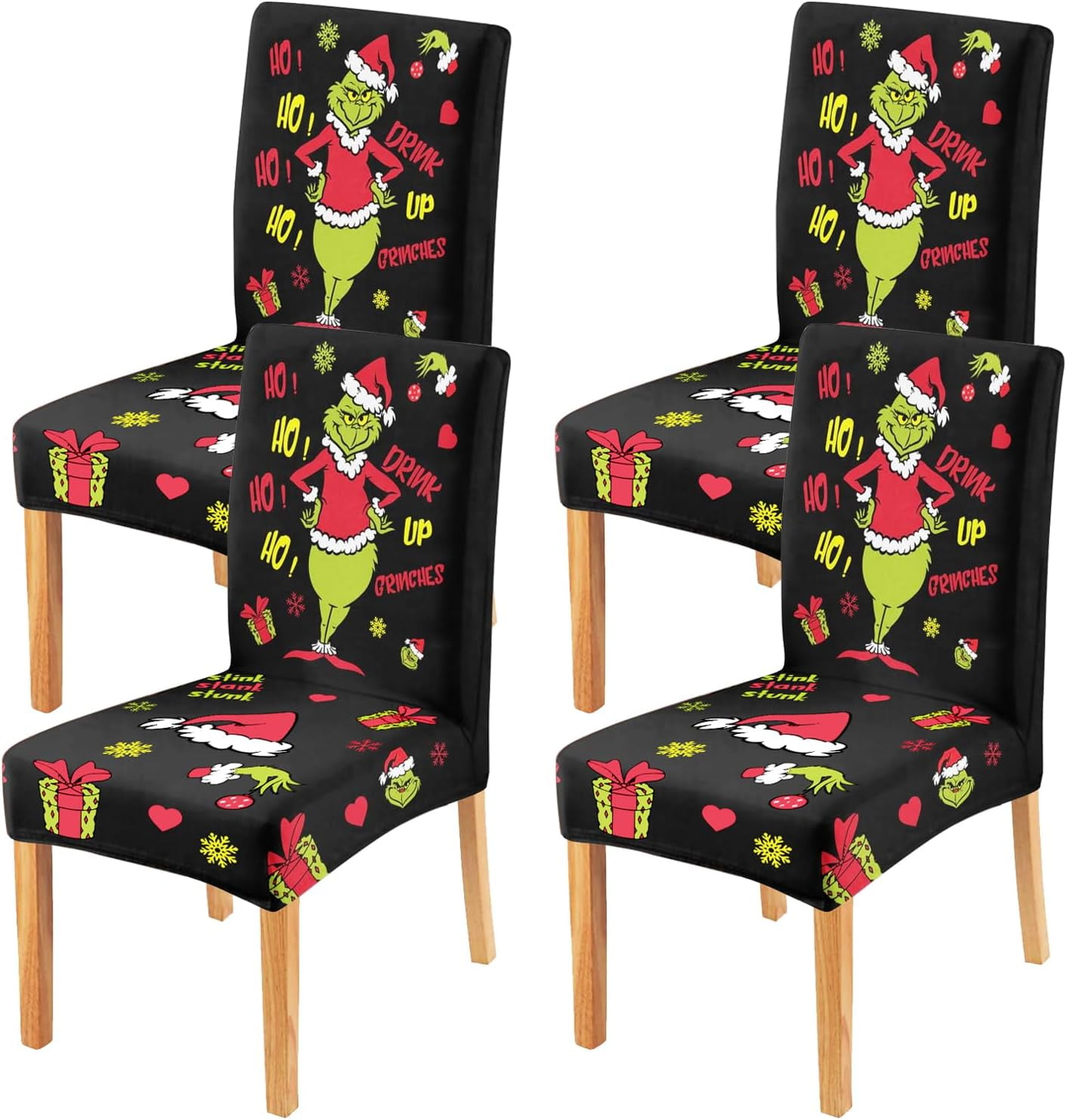 Christmas Chair Covers Set of 4,Black Grinch Dining Chair Slipcovers ...