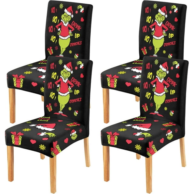 Christmas Chair Covers Set of 4,Black Grinch Dining Chair Slipcovers ...