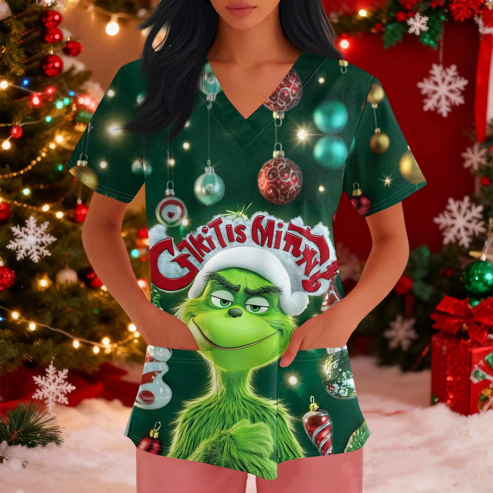 Christmas Check Pattern Scrub Tops for Women, Scrubs V-Neck Short ...