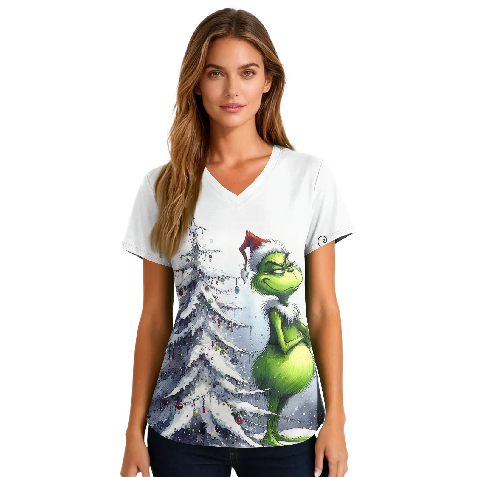 𝗧𝗵𝗲 𝗚𝗿𝗶𝗻𝗰𝗵 Christmas Check Pattern Scrub Tops for Women, V-Neck Short ...