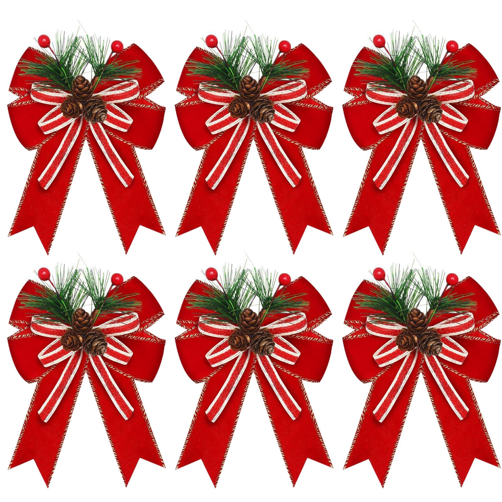 Christmas Checkered Wreath Bow, 6PCS Plaid Bows with Pine Cones & Pine ...