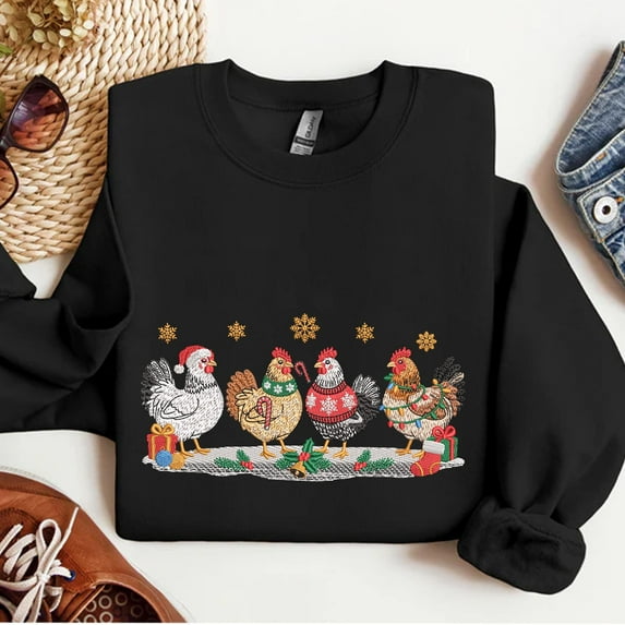 Christmas Chicken Embroidered Sweatshirt, Funny Farm Animal Embroidery ...