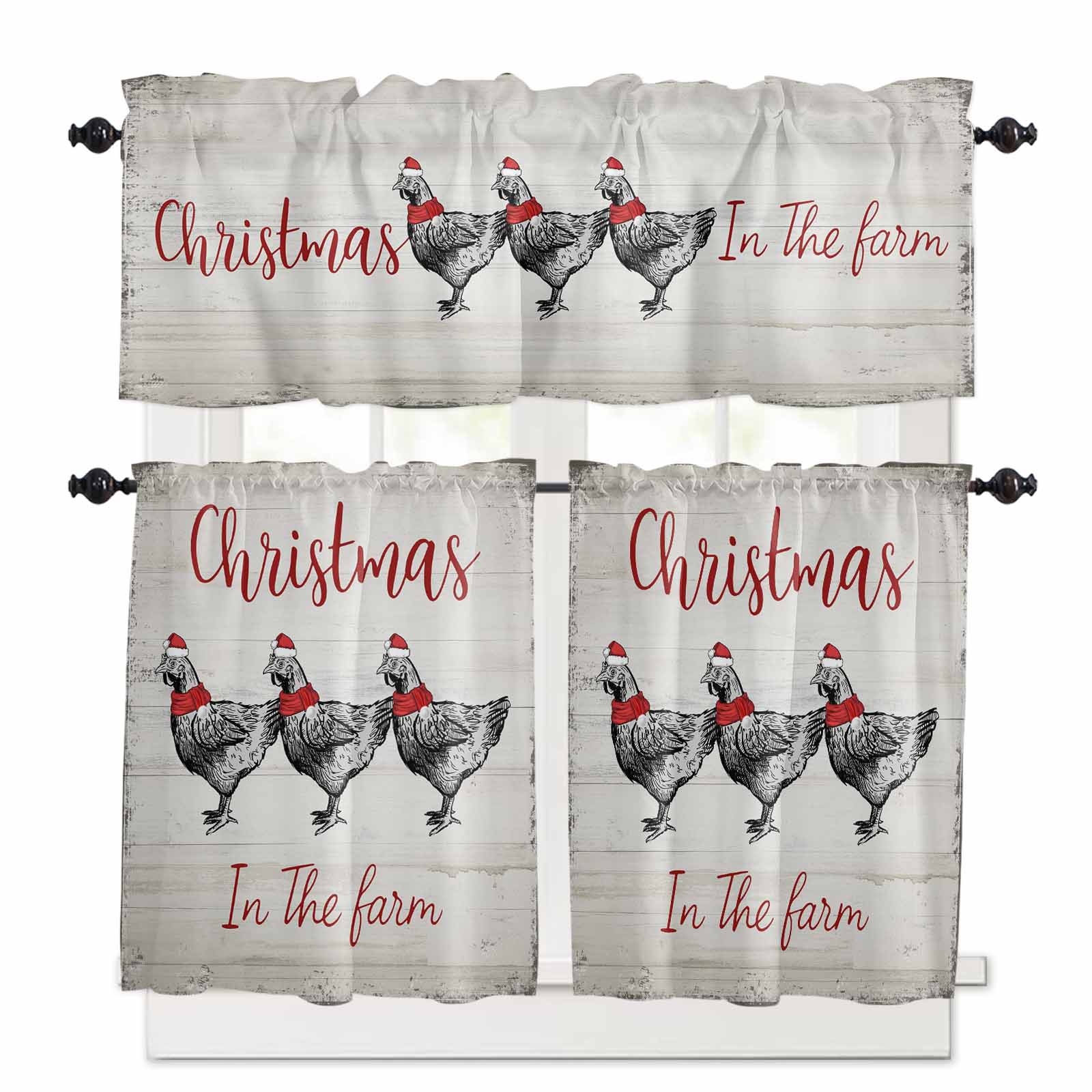Christmas Chicken Kitchen Curtains and Valances Set, In The Farm Wooden ...