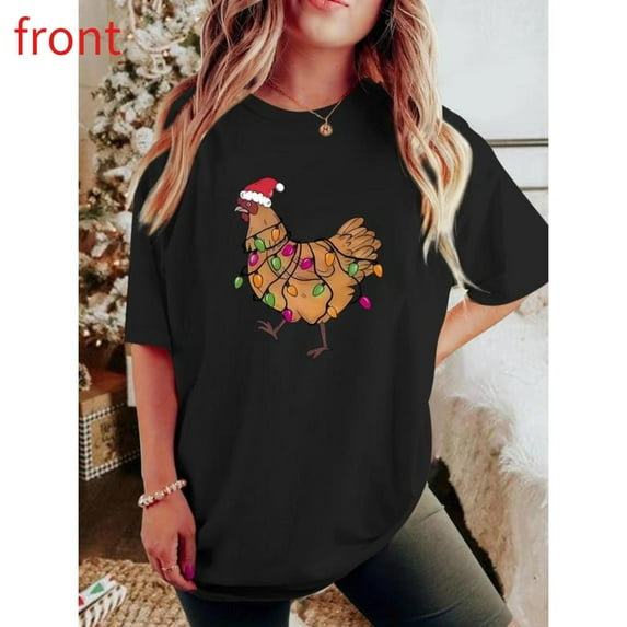Christmas Chicken Tee T Shirt Graphic Tops Cartoon Chicken Holiday Hat ...