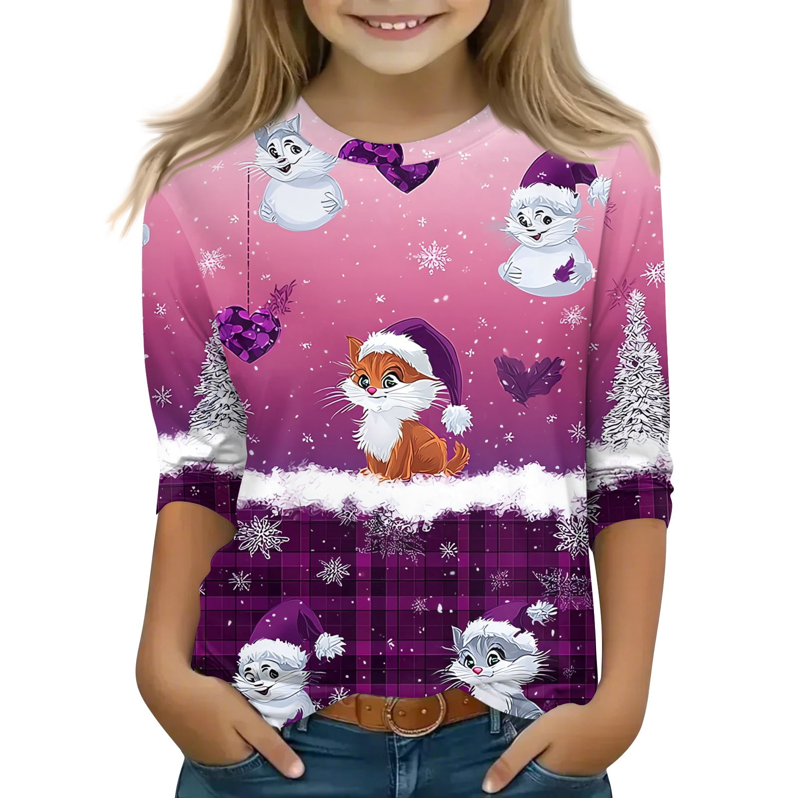 Christmas Children's 3/4 Sleeve Tops Girls Crewneck Top with Cartoon ...