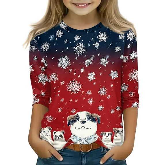 Christmas Children's 3/4 Sleeve Tops Girls Crewneck Top with Cartoon ...