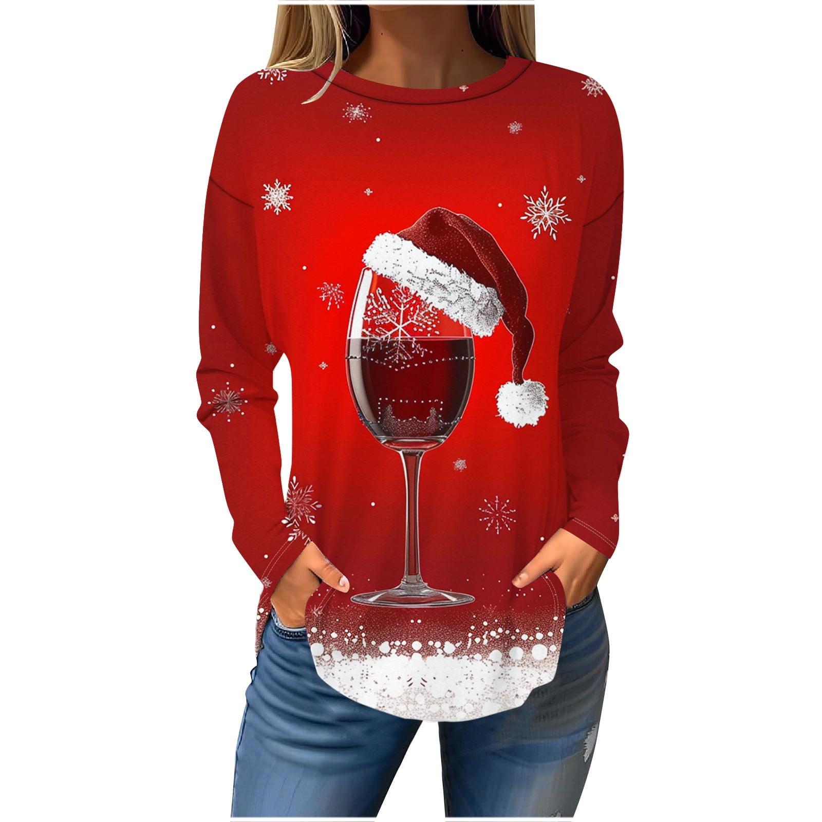 Christmas Clearance! Rvkxad Women Christmas Tops Long Sleeve Red Wine ...