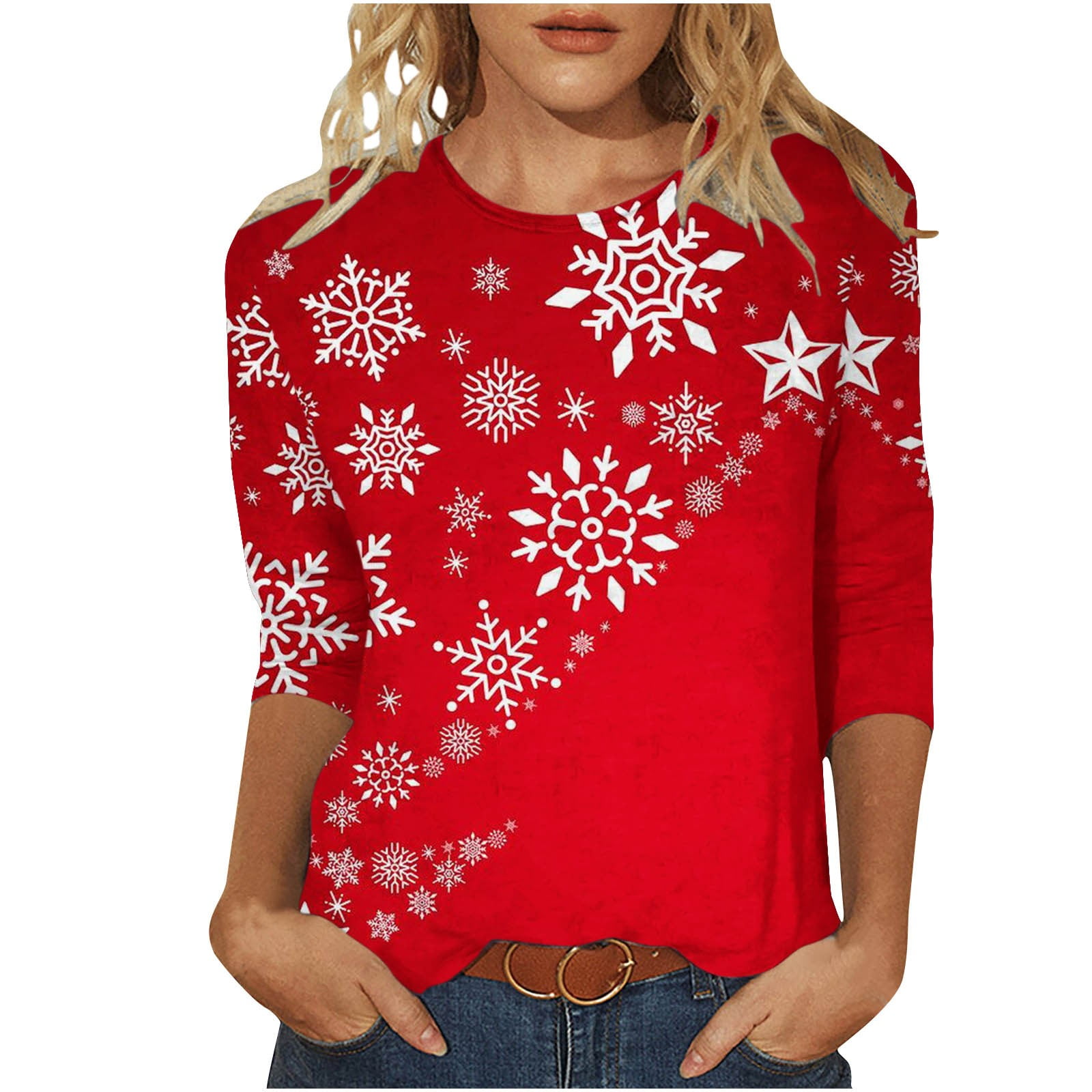 Christmas Clearance! Rvkxad Women's Christmas Shirts Xmas Tree Print 3/ ...