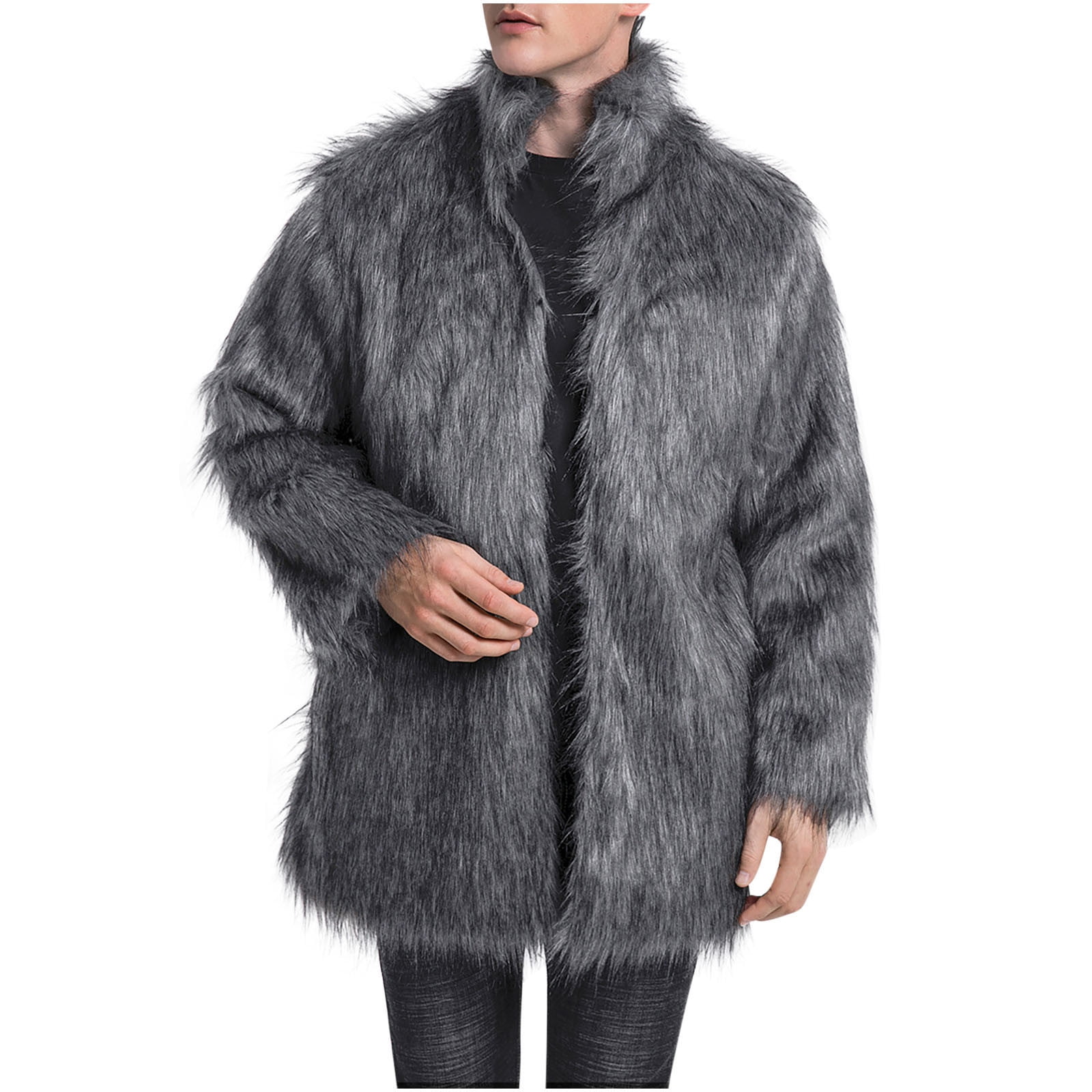 Christmas Clearance! ZVNAΖH Mens Faux Fur Coat Long Winter Thicker Furry Overcoat Stand Collar ...