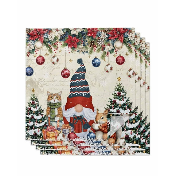 Christmas Cloth Napkins Washable Set of 4, Winter Gnomes Poinsettia ...