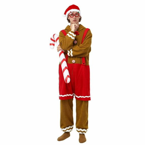 Christmas Co`s`tu`me for Men - Gi`ng`er`bre`ad Man 5-Piece Set (Onesie ...