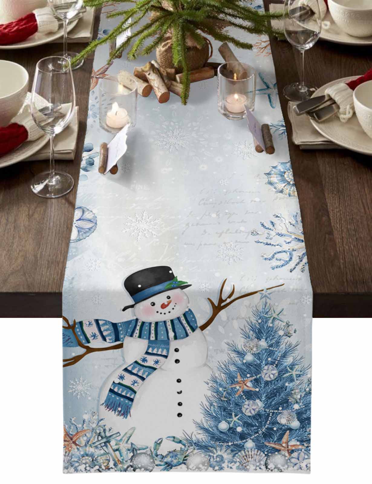 Christmas Coastal Cotton Linen Table Runner for Dining Kitchen, Blue ...
