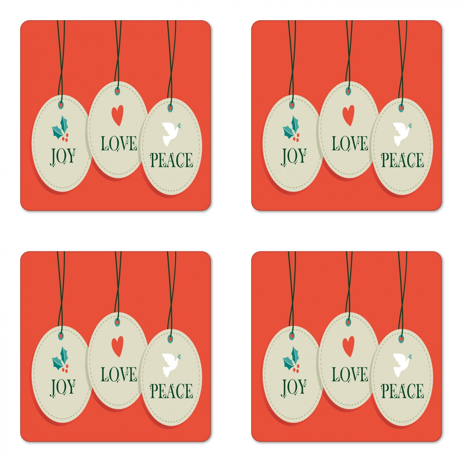 Christmas Coaster Set of 4, Joy Love and Peace Words Pendants Merry ...