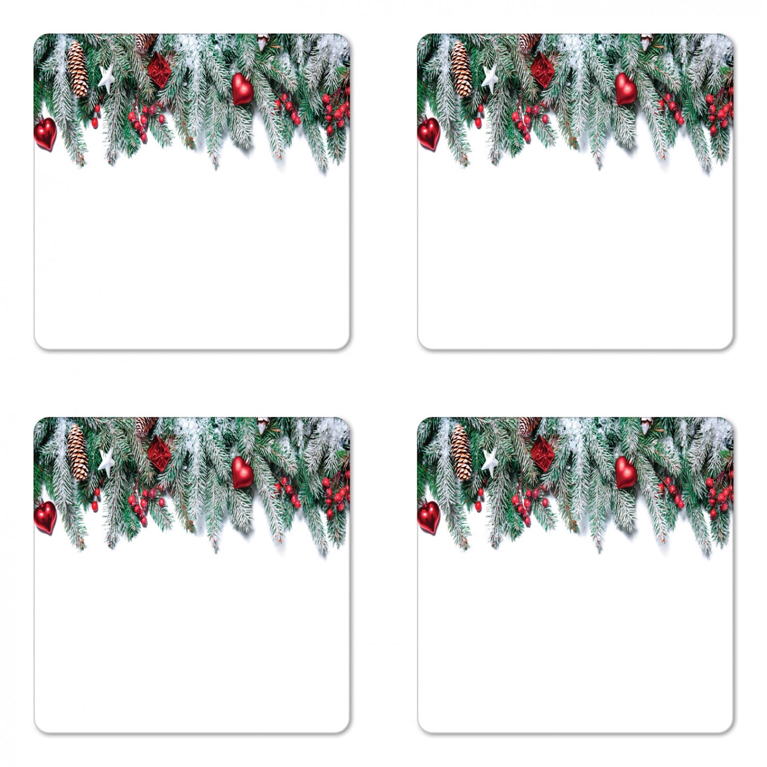 Christmas Coaster Set of 4, Snowy Xmas Branch with Vivid Baubles Stars ...