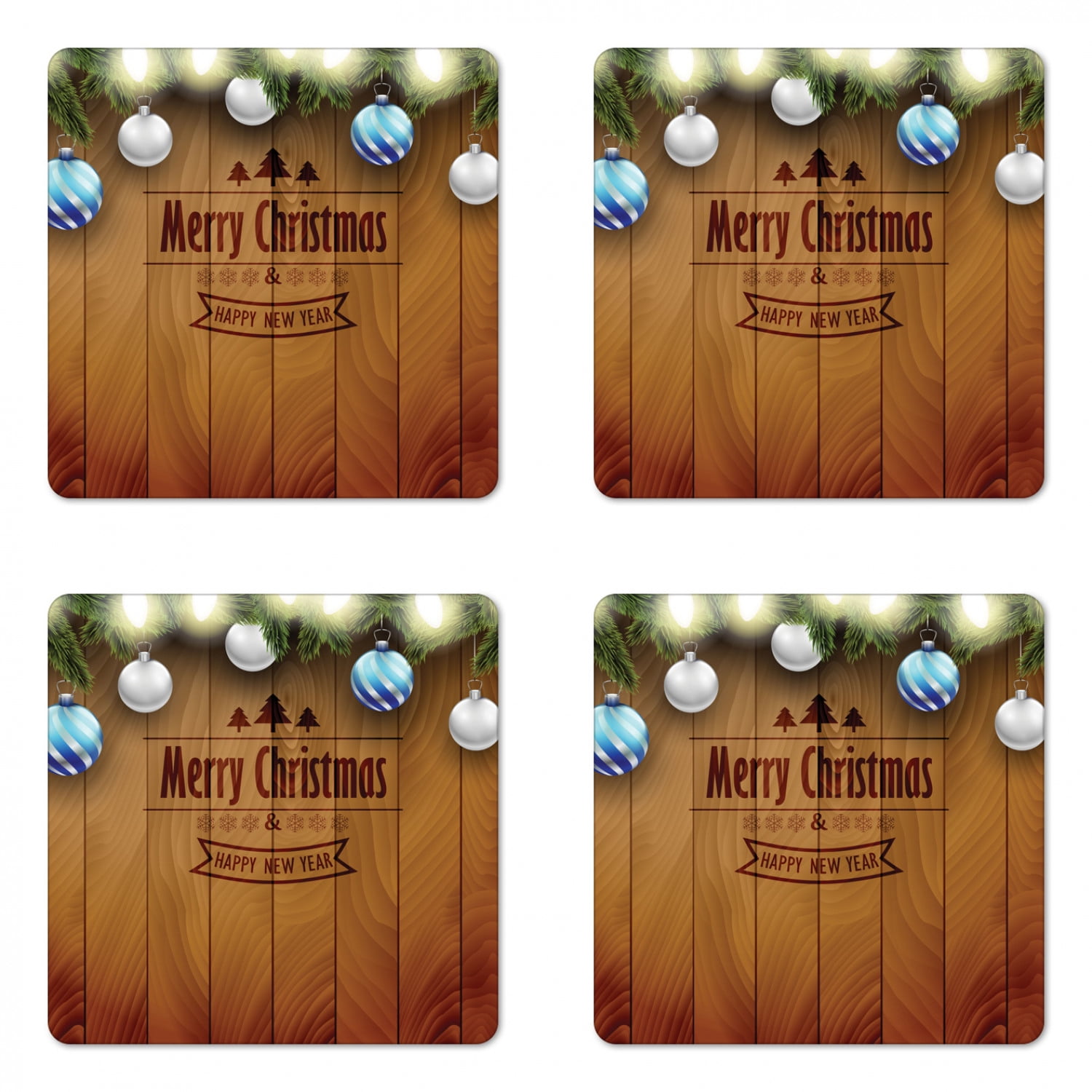 Christmas Coaster Set of 4, Wooden Setting with Grey Balls Fairy Tale ...