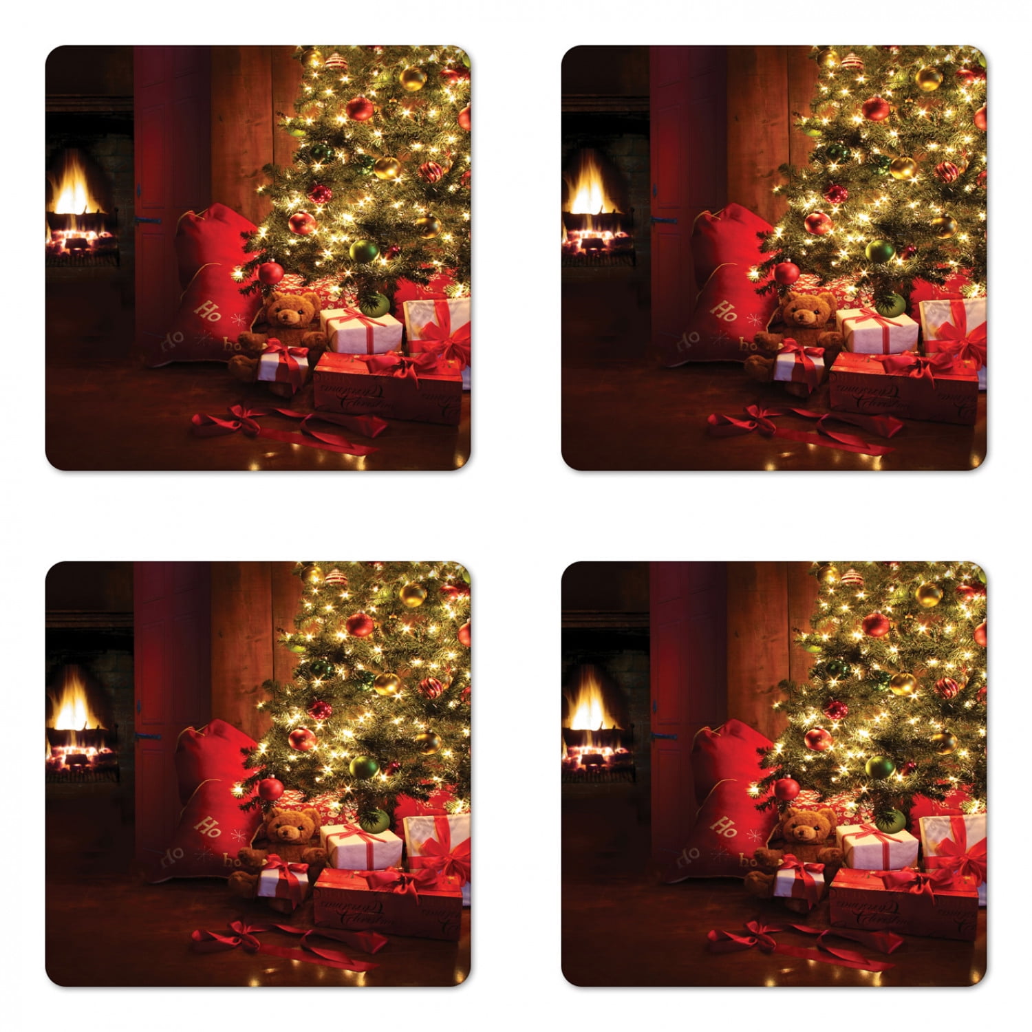 Christmas Coaster Set of 4, Xmas Scene Celebrations with Tree and Gifts ...