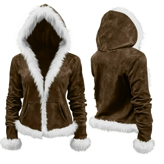 Christmas Coat for Women Long Sleeve Hooded Solid Faux Fur Hem Jacket ...