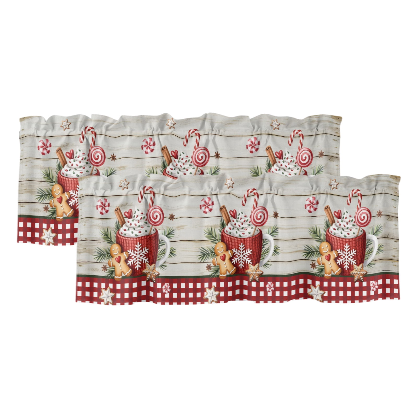 Christmas Coffee 2 Panels Kitchen Valance, Xmas Gingerbread Man Holly ...