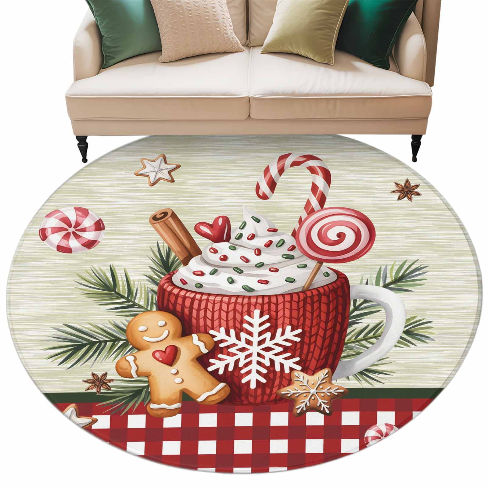Christmas Coffee Area Rug, Xmas Gingerbread Man Holly Snowflakes Green ...