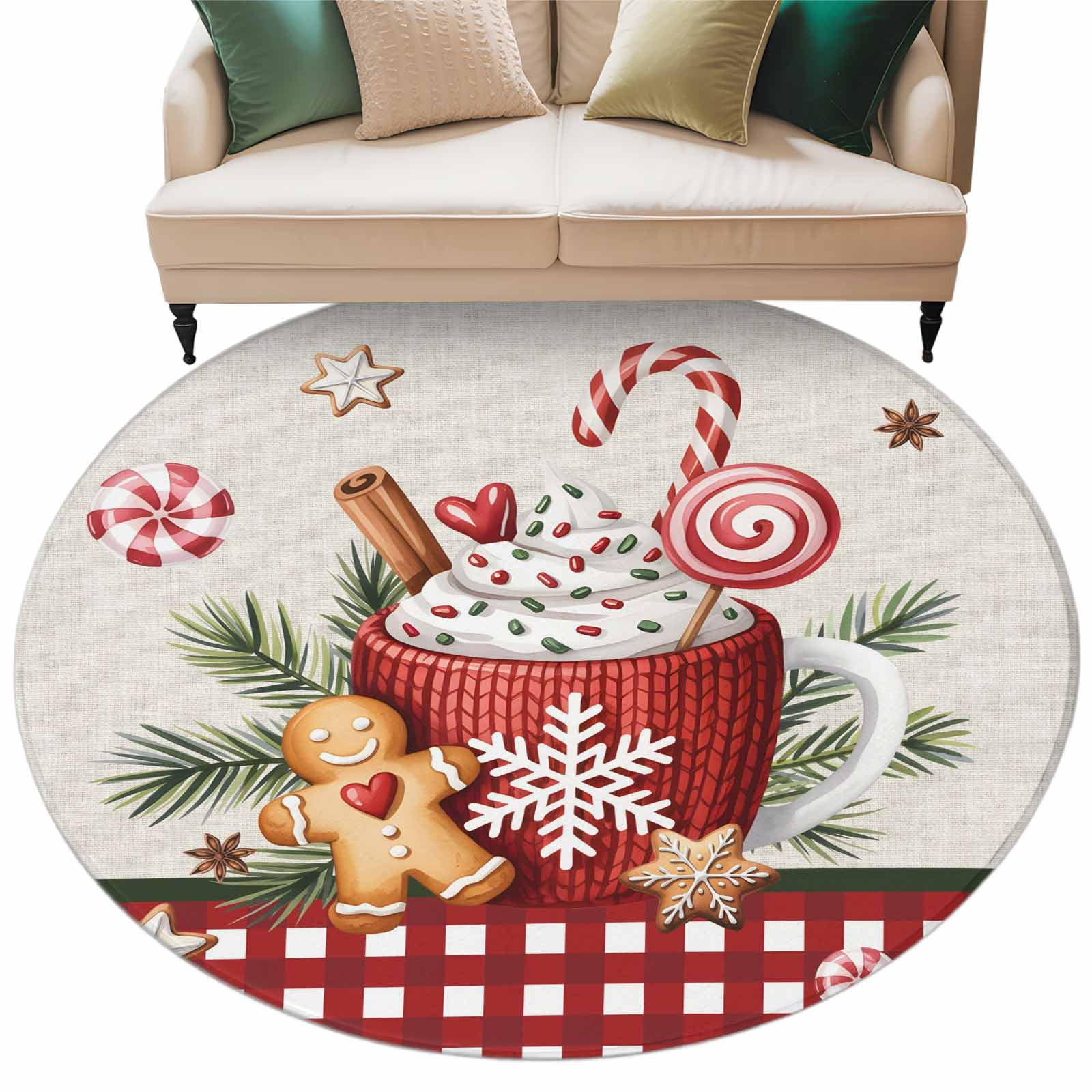 Christmas Coffee Area Rug, Xmas Gingerbread Man Holly Snowflakes Linen ...