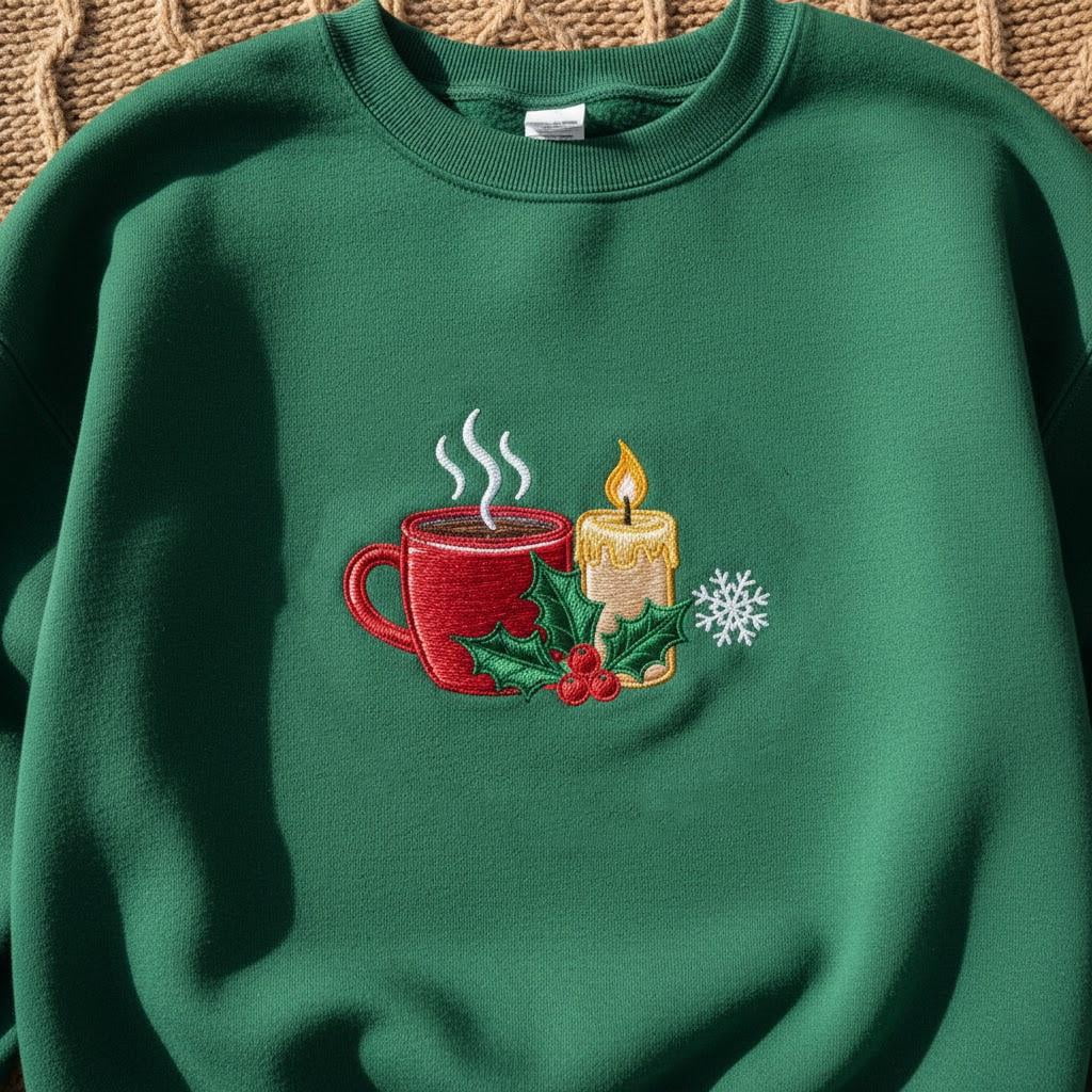 Christmas Coffee Candle Embroidered Sweatshirt, Hot Cocoa Holly Hoodie ...