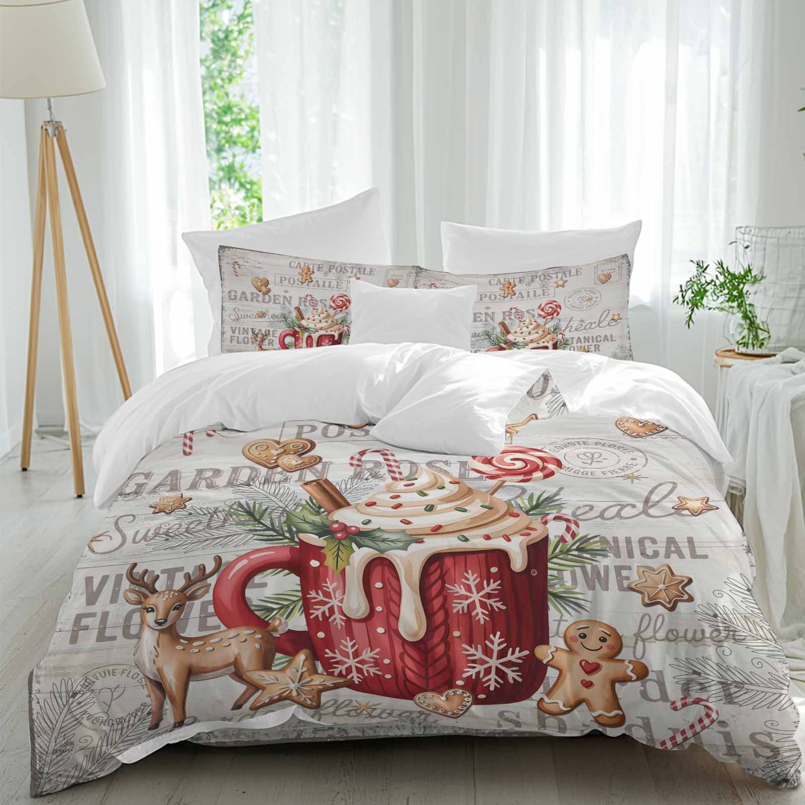 Christmas Coffee Duvet Cover Set Full Size, Vintage Xmas Deer Ginger ...