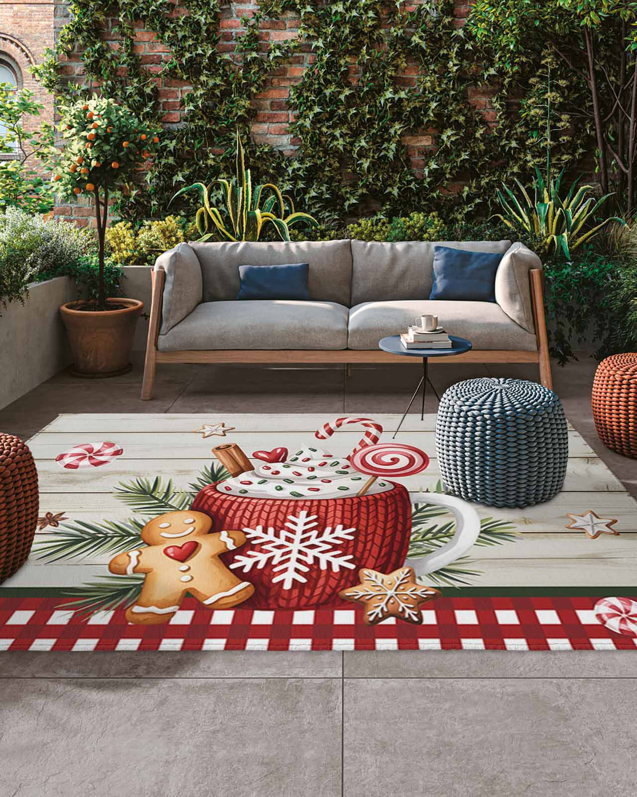 Christmas Coffee Outdoor Rug, Xmas Gingerbread Man Holly Snowflakes ...