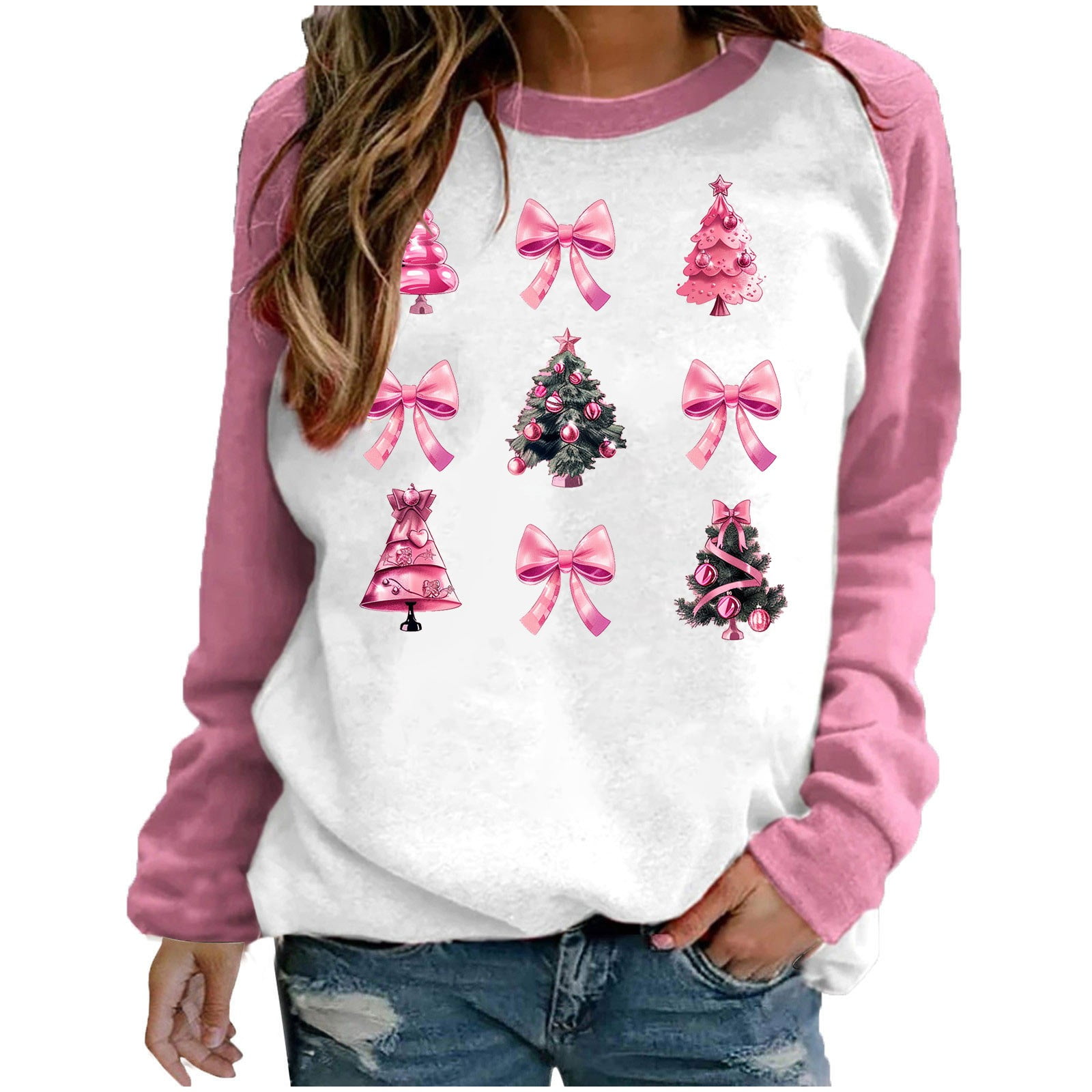 Christmas Color Block Sweatshirts for Women Round Neck Raglan Sleeve ...