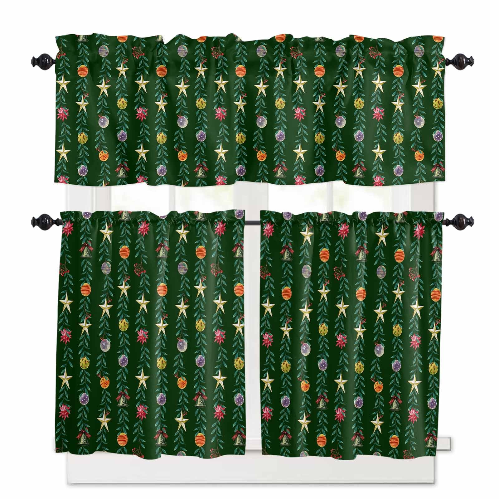 Christmas Colorful Kitchen Curtains and Valances Set, Xmas Balls Bells ...