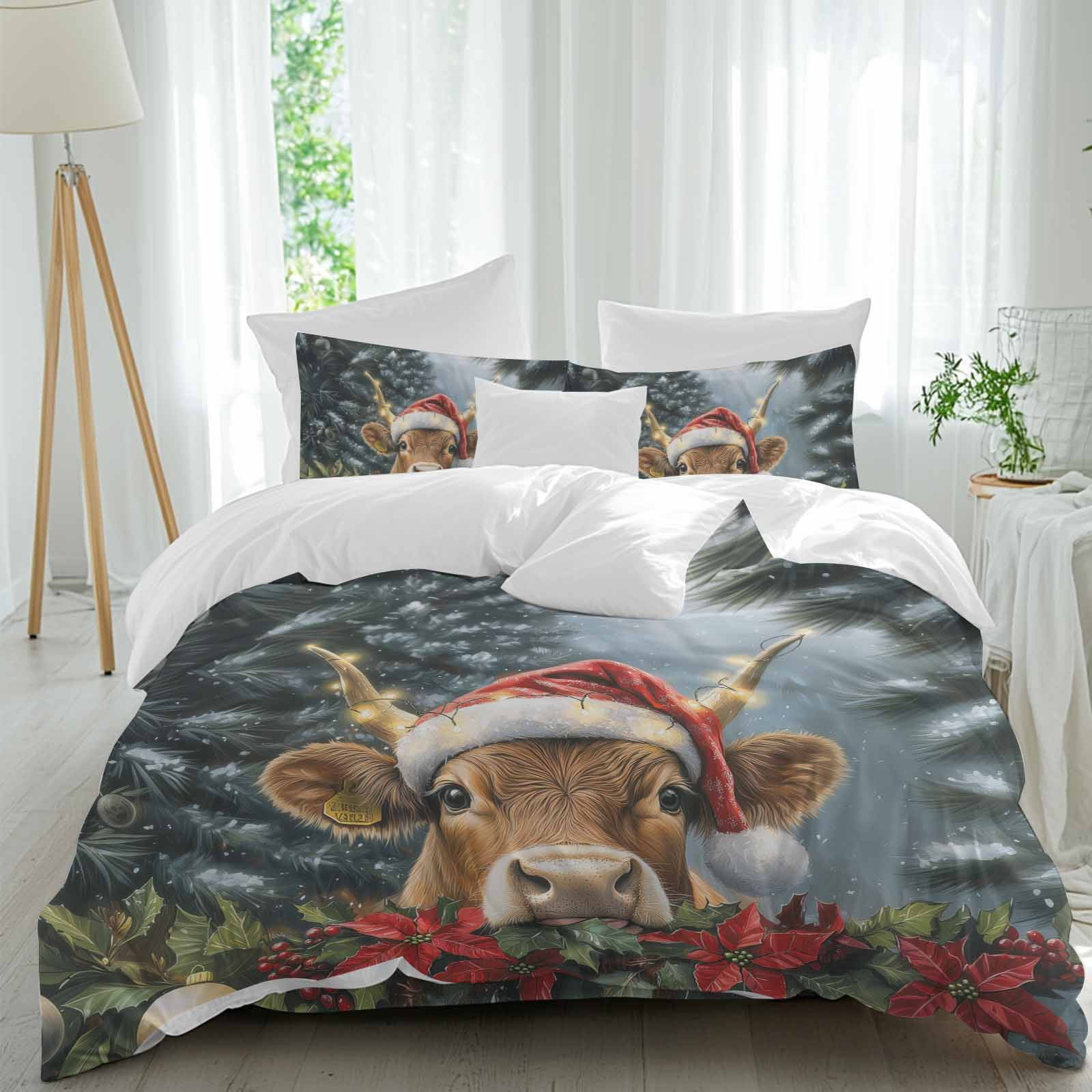 Christmas Comforter Set California King Size, Winter Cow Hat Oil ...