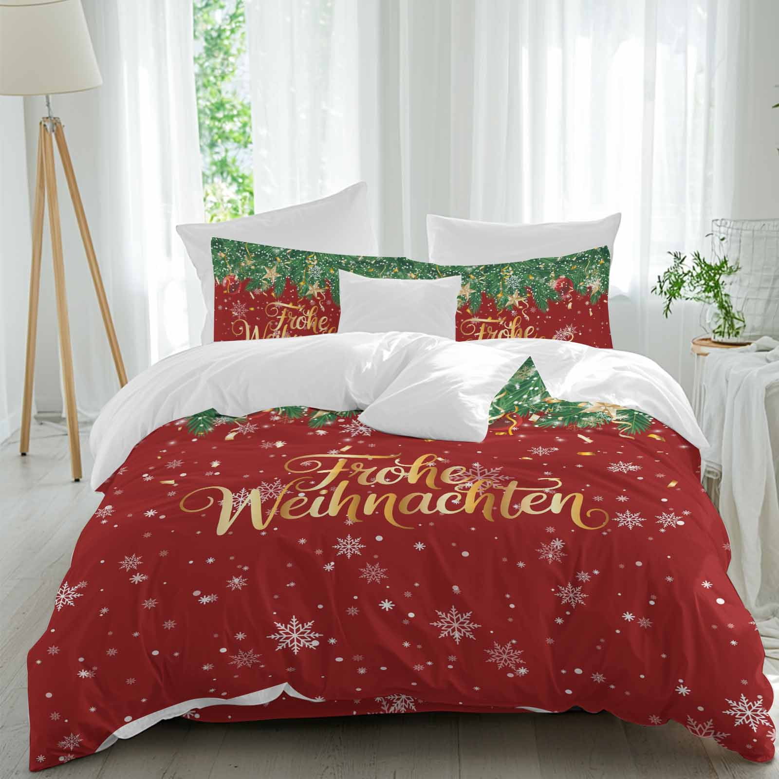 Christmas Comforter Set Full Size, Frohe Weihnachten Green Leaf Xmas ...