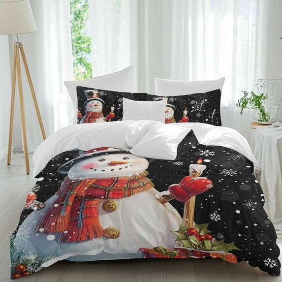 Christmas Comforter Set Full Size, Xmas Snowman Lights Snowflakes Red ...