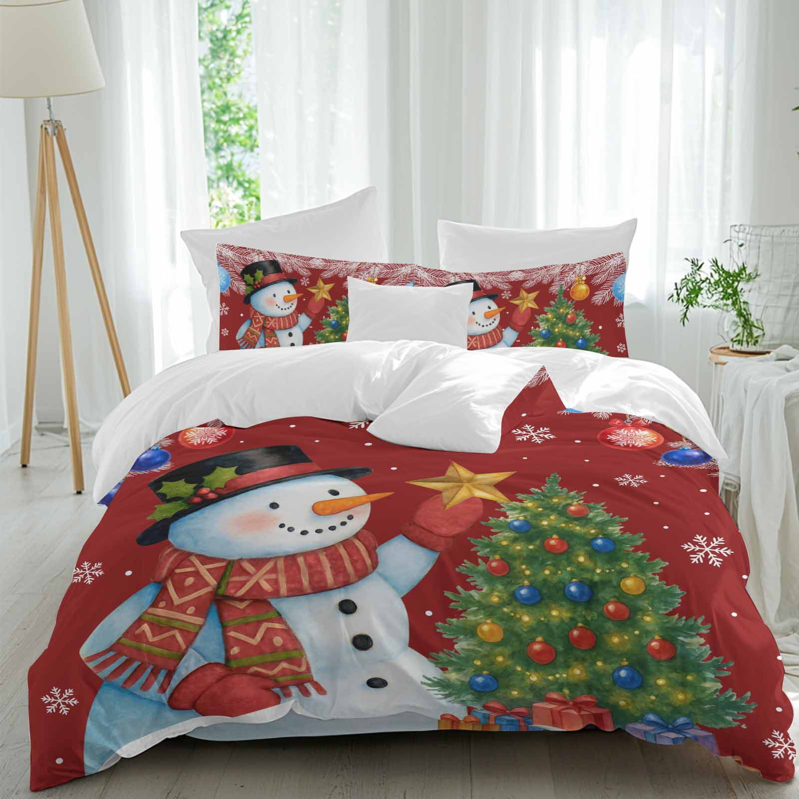 Christmas Comforter Set Queen Size, Cartoon Snowman Hold Star Pine Xmas ...