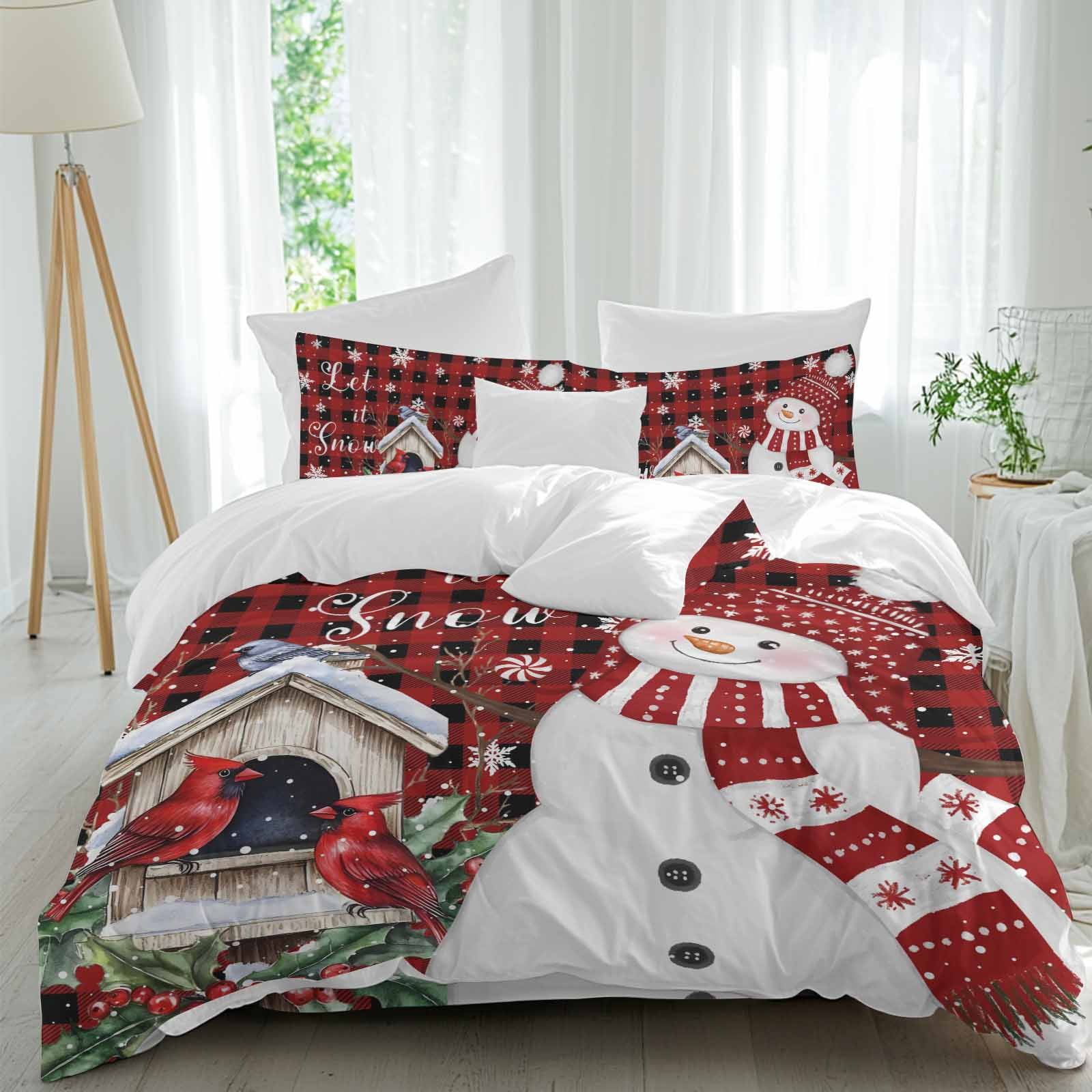 Christmas Comforter Set Queen Size, Red Hat Snowman Xmas Cardinal Bird ...
