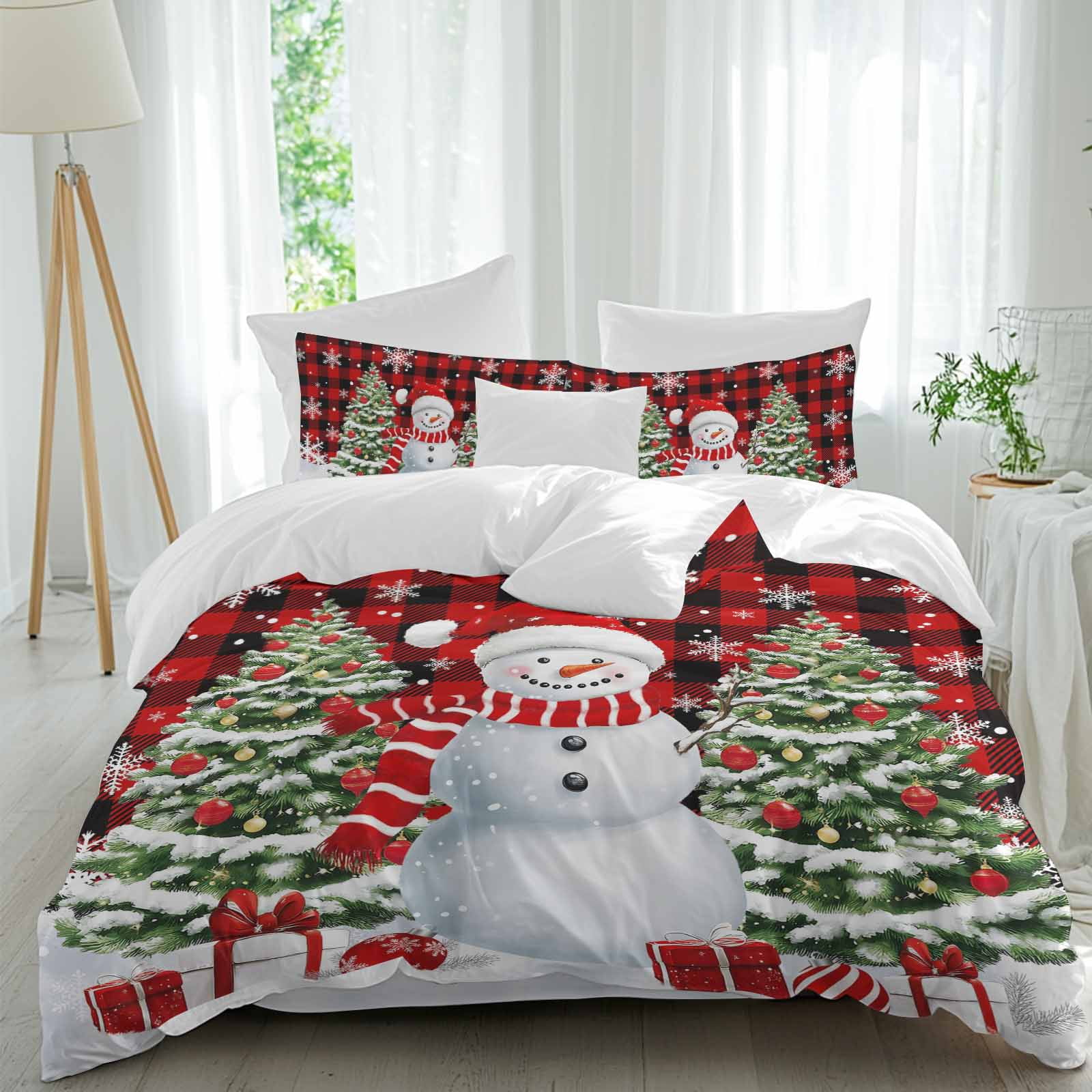 Christmas Comforter Set Queen Size, Red Snowman Xmas Pine Tree Snow Red ...