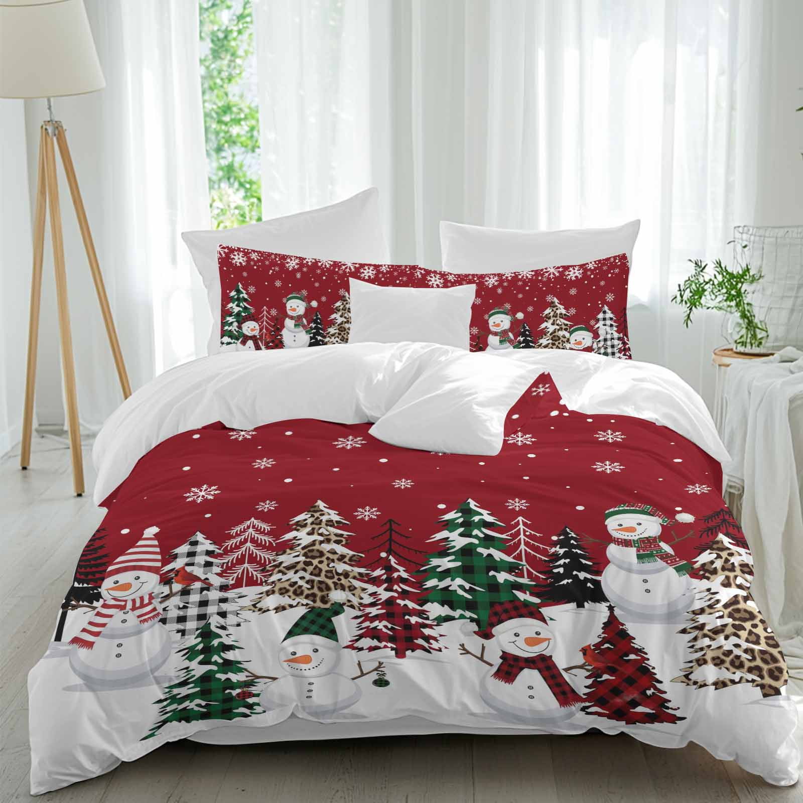 Christmas Comforter Set Queen Size, Snowman Checked Xmas Tree Snowflake ...
