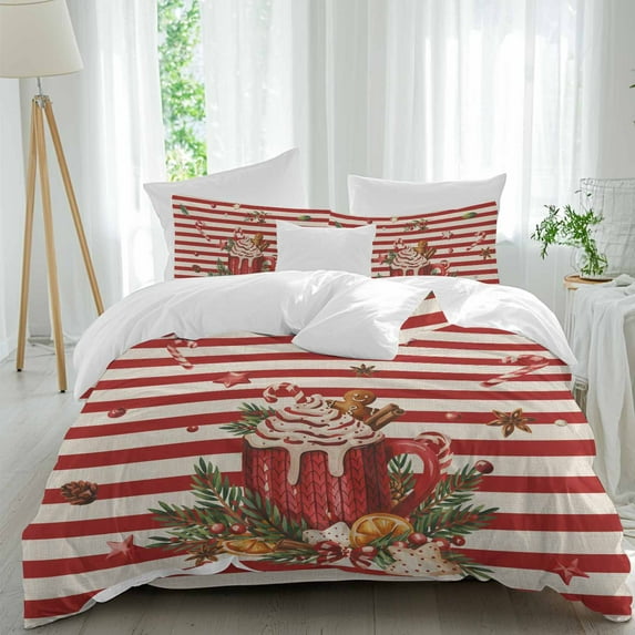 Christmas Comforter Set Queen Size, Watercolor Red Cappuccino Stripe ...