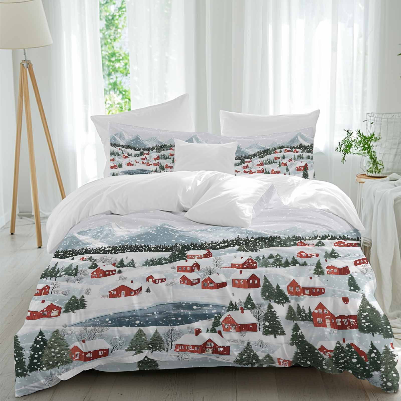 Christmas Comforter Set Queen Size, Winter Snowflakes Town Watercolor ...
