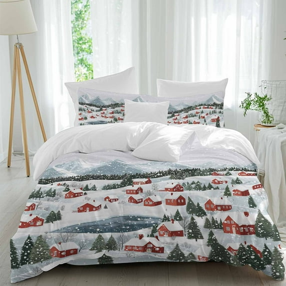 Christmas Comforter Set Queen Size, Winter Snowflakes Town Watercolor ...