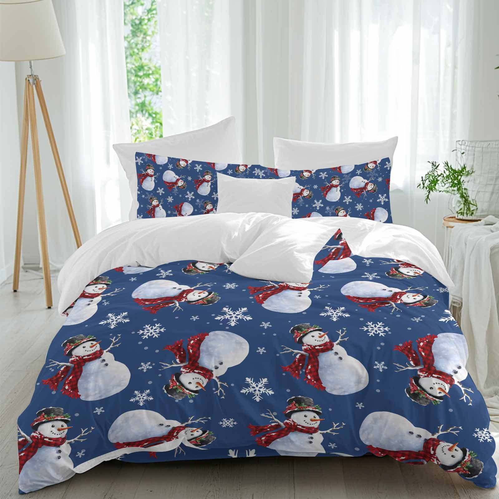 Christmas Comforter Set Queen Size, Winter Snowman Xmas Snowflakes Blue ...