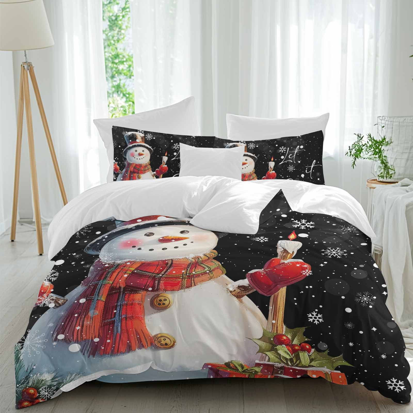 Christmas Comforter Set Queen Size, Xmas Snowman Lights Snowflakes Red ...