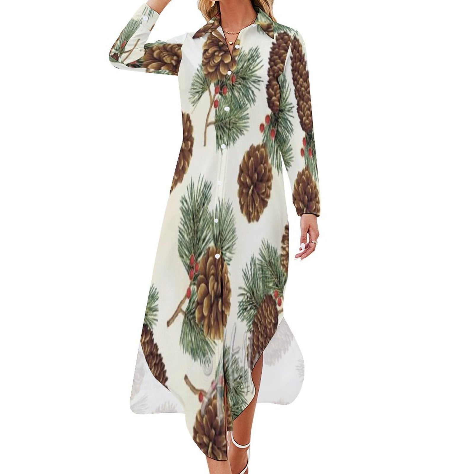 Christmas Cone Branches Shirt Dress Long Sleeve Street Fashion V Neck ...