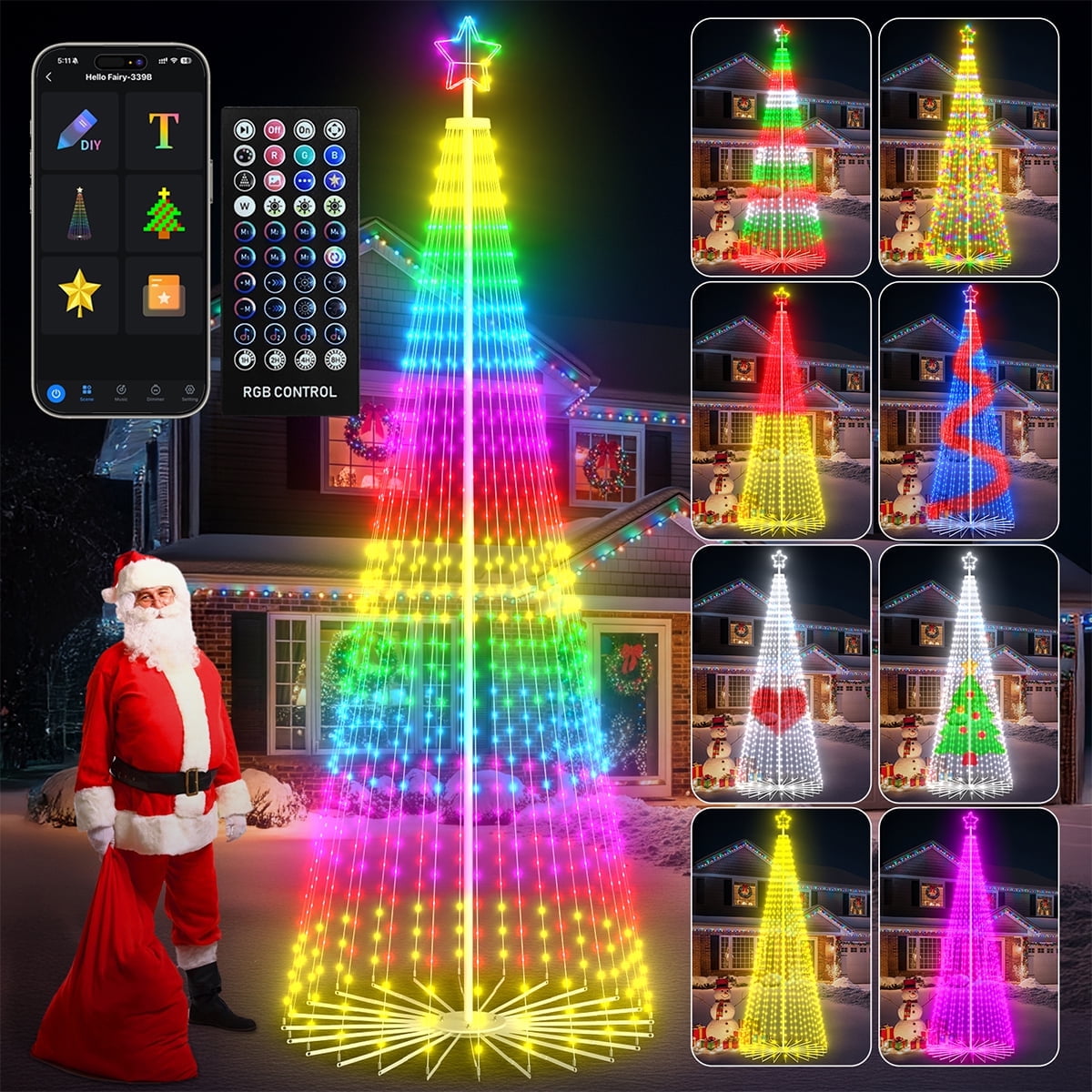 12FT Smart Cone Christmas Tree Lights with APP & Remote 832 LED Fairy ...