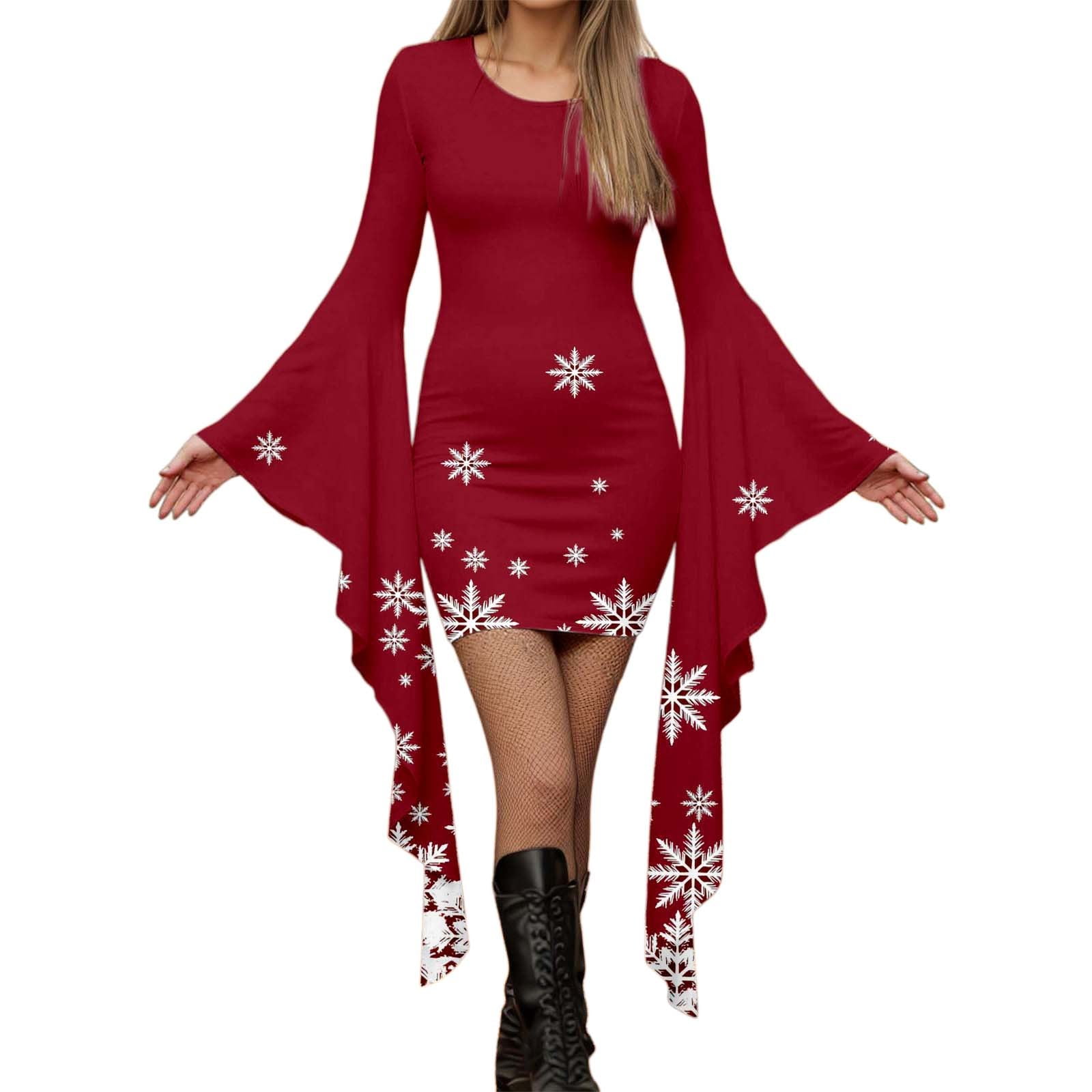 Christmas Costu me Elegant Gown with Batwing Sleeves Festive Print Irregular Hem Party Attire ...